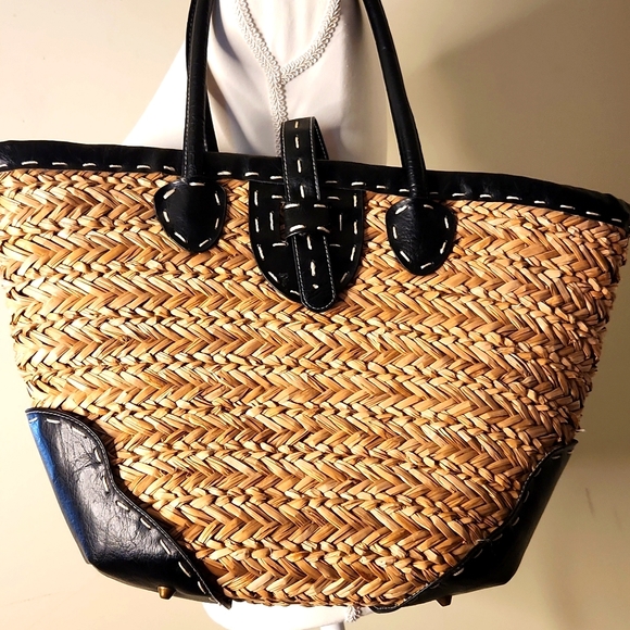 Bags | Oversized Woven Boho Wicker Tote Bag Neutral Beige Beach Tote ...